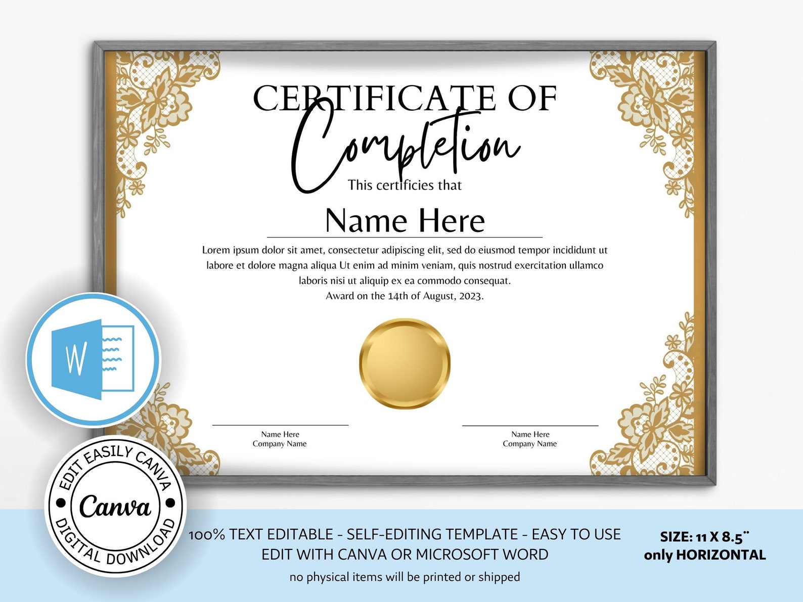 Editable Certificate of Completion Template. Award Template. - Etsy