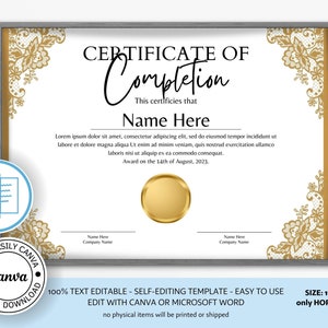Editable Certificate of Completion Template. Award Template. - Etsy