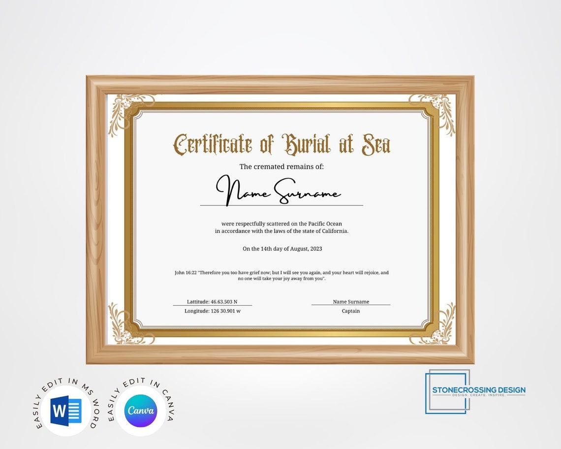 Editable Certificate of Burial Template. Award Template. - Etsy UK