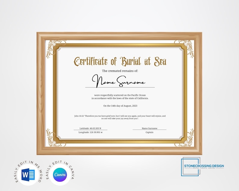 Editable Certificate of Burial Template. Award Template. Printable ...