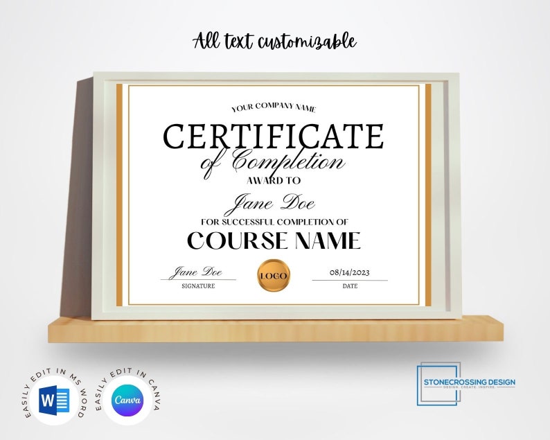 Editable Certificate of Completion Template. Award Template. Printable ...
