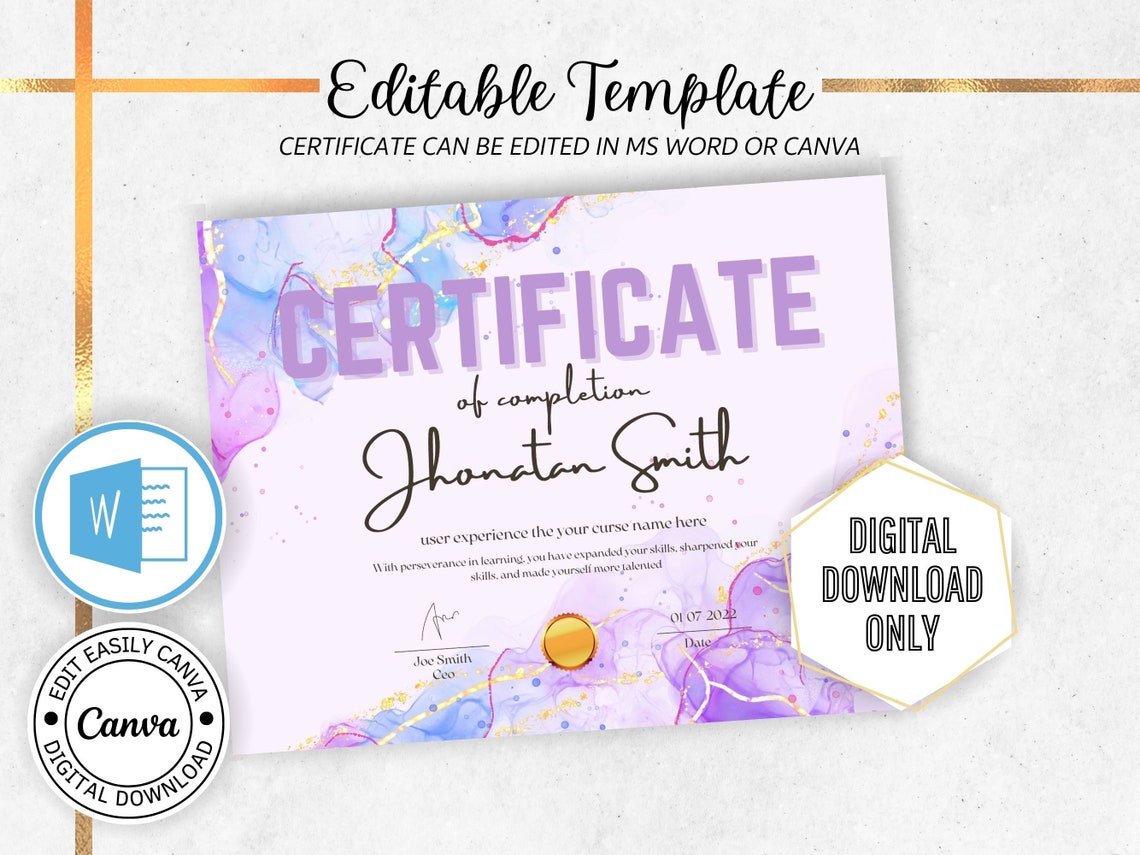 Editable Certificate of Completion Template. Award Template. - Etsy
