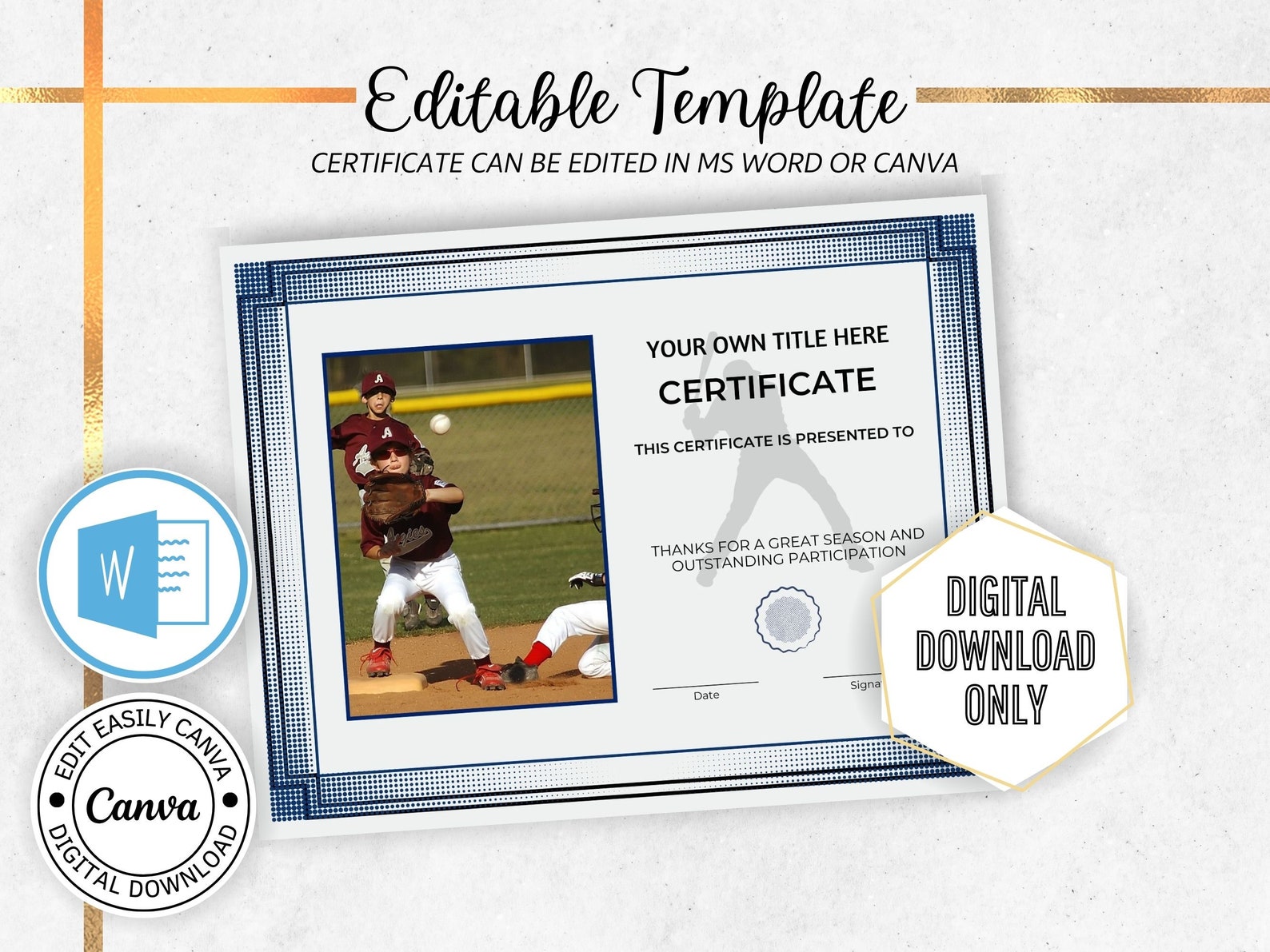 Editable Baseball Sports Certificate Template With Photo. - Etsy