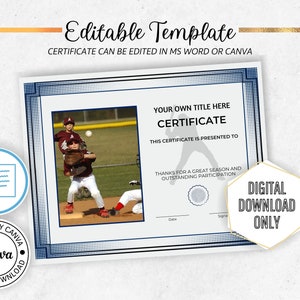 Editable Baseball Sports Certificate Template With Photo. - Etsy