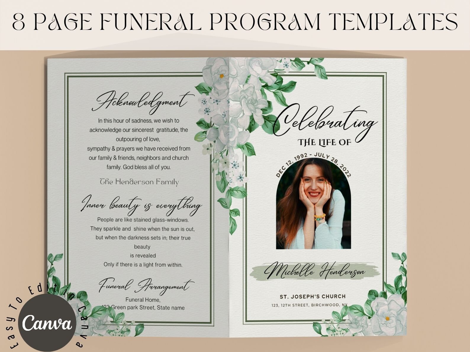8 Page Funeral Program Template | 8 Page Obituary Template | 8.5 X 11 ...