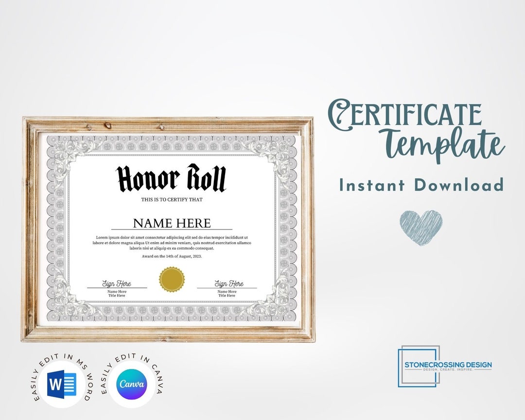 Editable Certificate of Honor Roll. Recognizing Academic Excellence ...