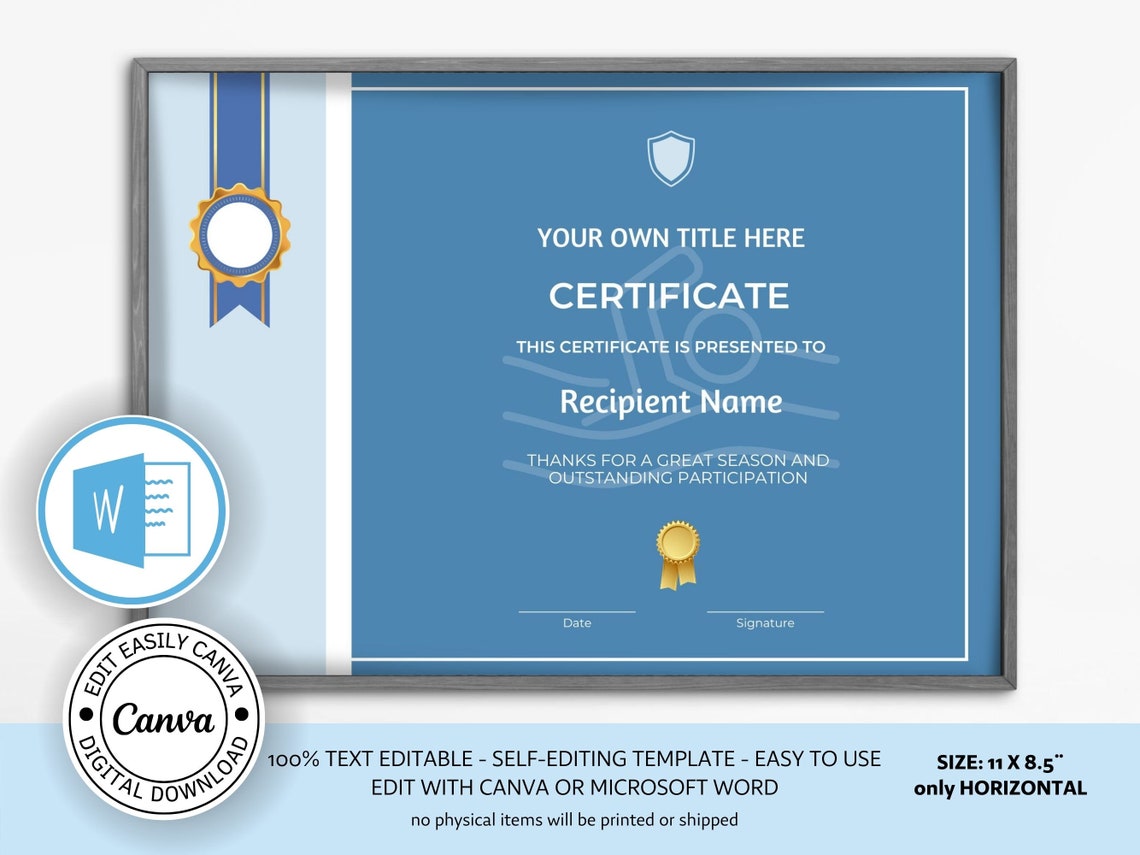 Editable Participation Sports Certificate Template With Photo. - Etsy