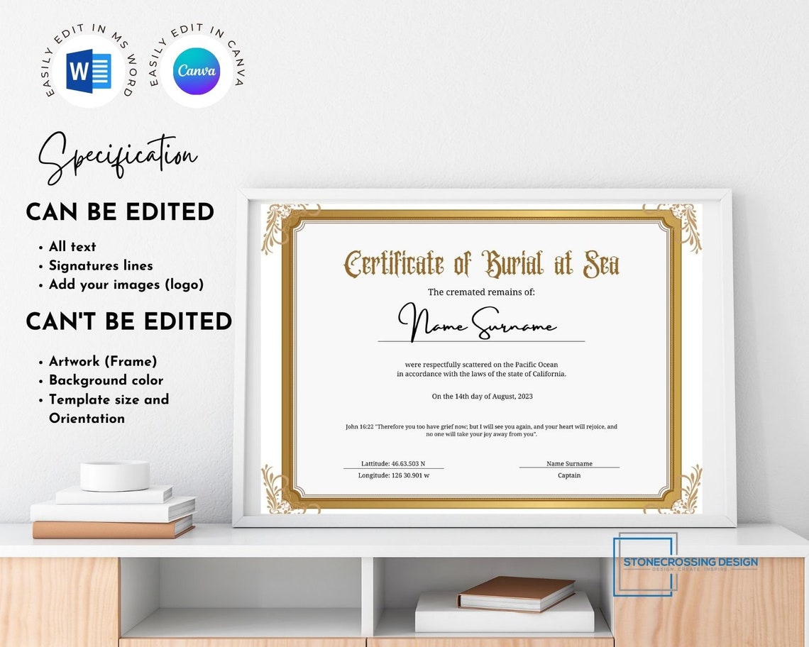 Editable Certificate of Burial Template. Award Template. - Etsy UK