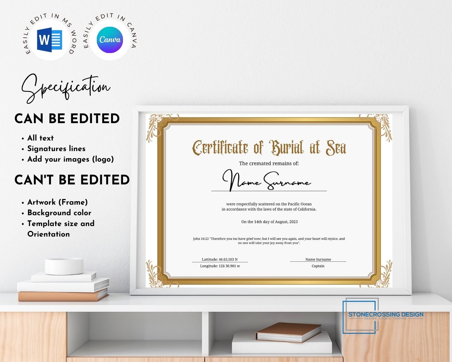Editable Certificate of Burial Template. Award Template. Printable ...