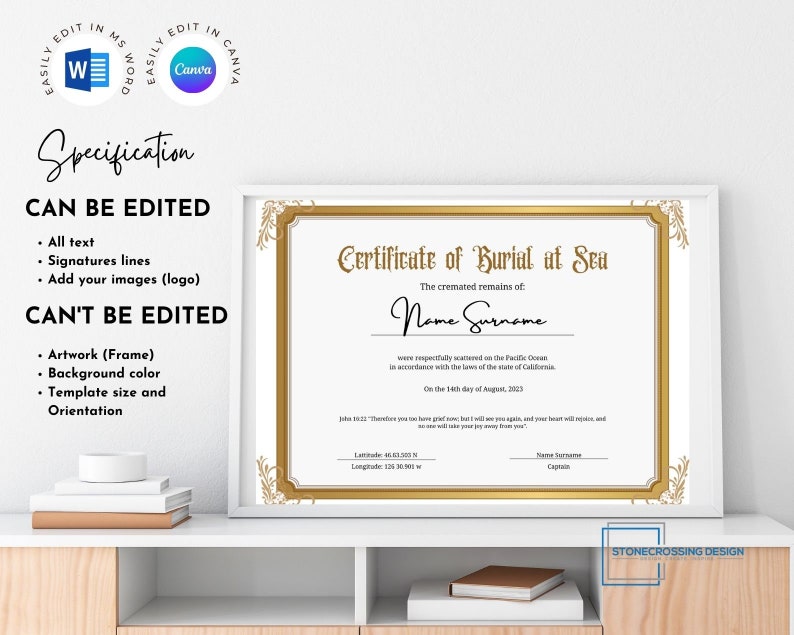 Editable Certificate of Burial Template. Award Template. Printable ...