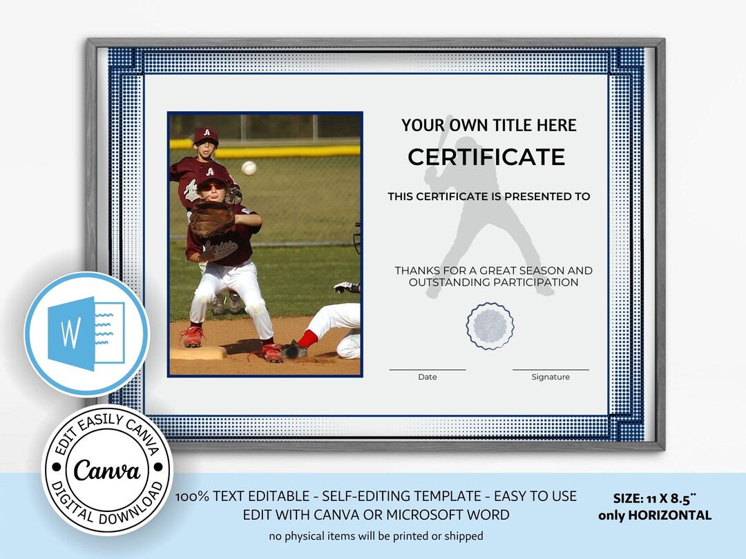 Editable Baseball Sports Certificate Template With Photo. - Etsy