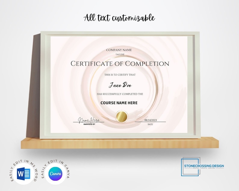 Editable Certificate of Completion Template. Award Template. Printable ...