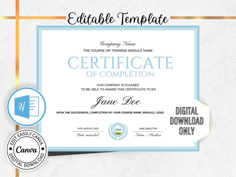 Editable Certificate of Completion Template. Award Template. - Etsy