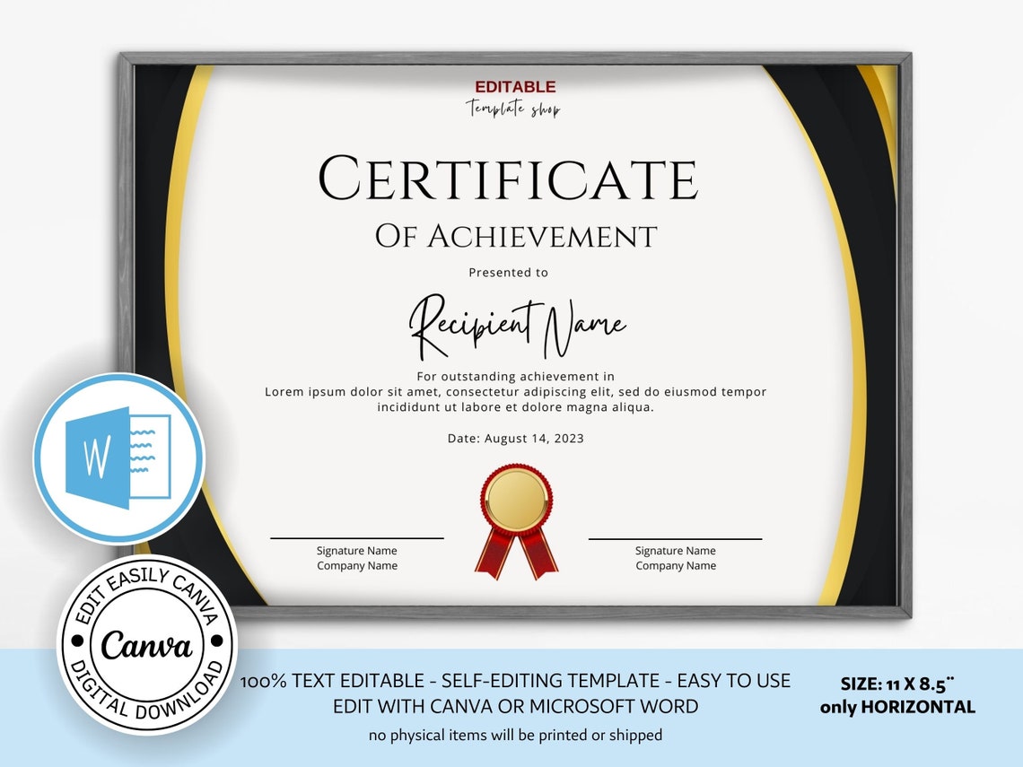 Editable Certificate of Achievement Template. Award Template. - Etsy