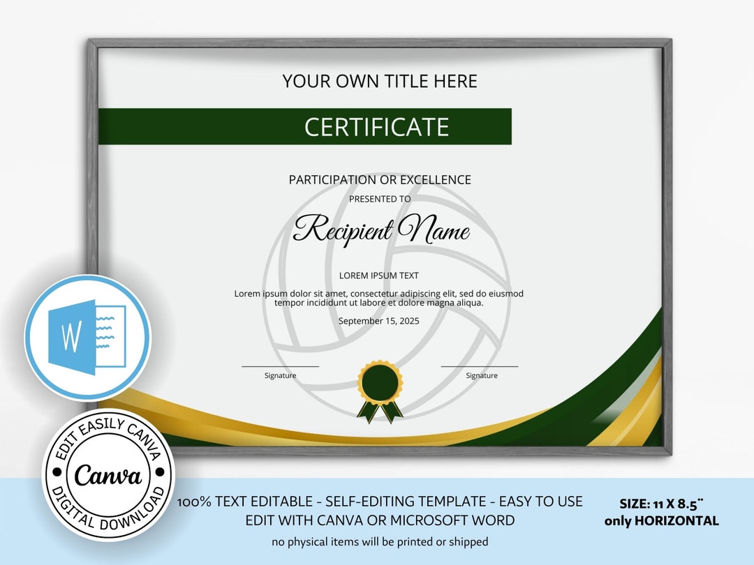 Editable Volleyball Sports Certificate Template With Photo. - Etsy