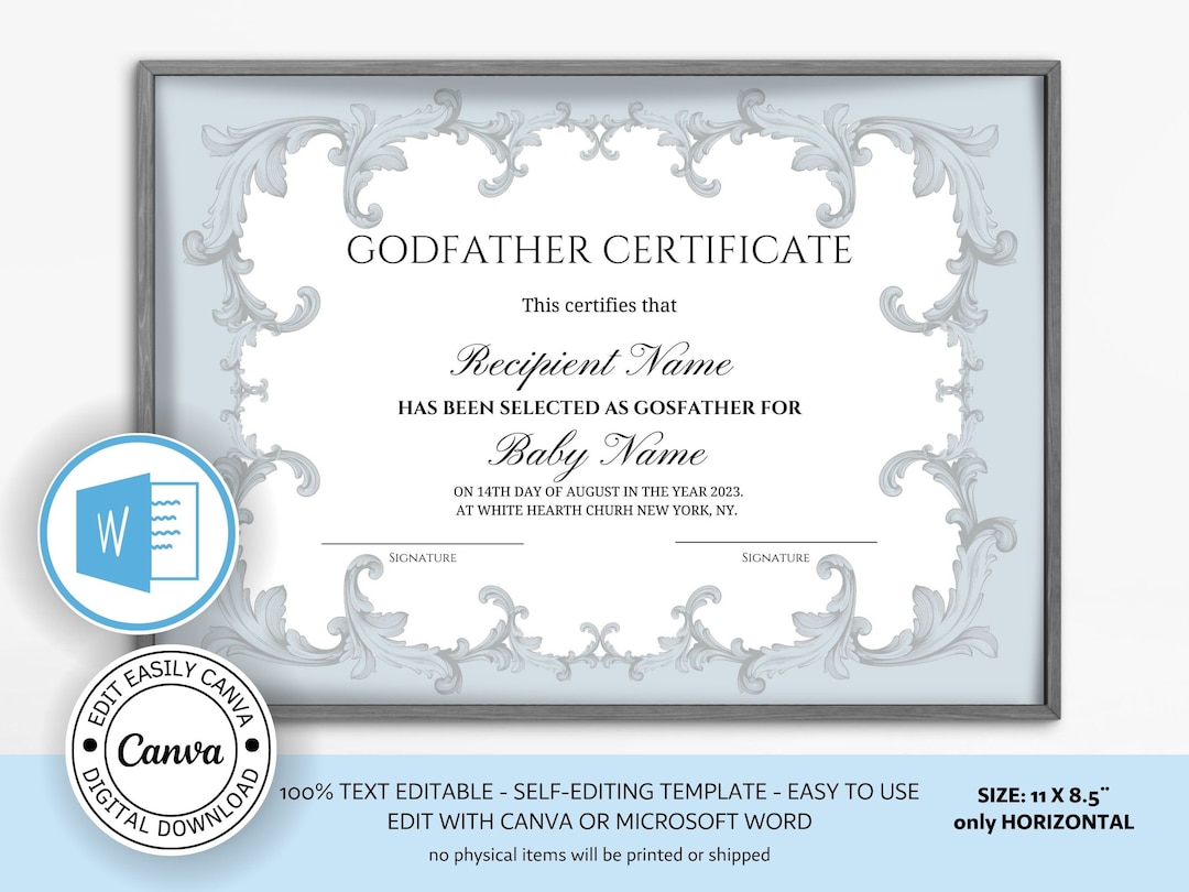 Editable Certificate of Godparents. Printable Certificate. - Etsy