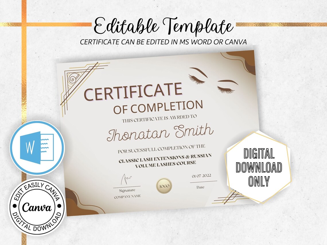 Editable Certificate of Completion Template. Award Template. - Etsy