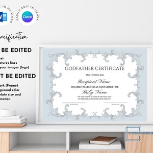 Editable Certificate of Godparents. Printable Certificate. Editable ...