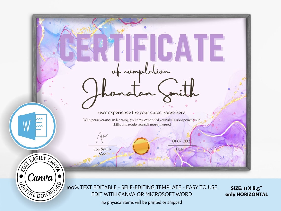 Editable Certificate of Completion Template. Award Template. - Etsy