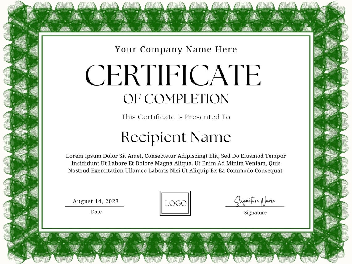 Editable Certificate of Completion Template. Award Template. - Etsy