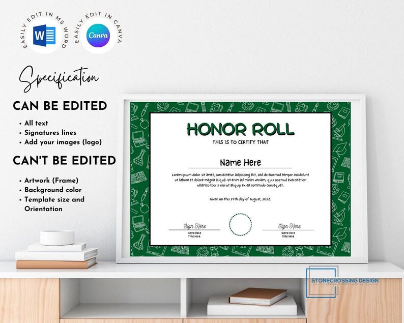Editable Certificate of Honor Roll. Recognizing Academic - Etsy