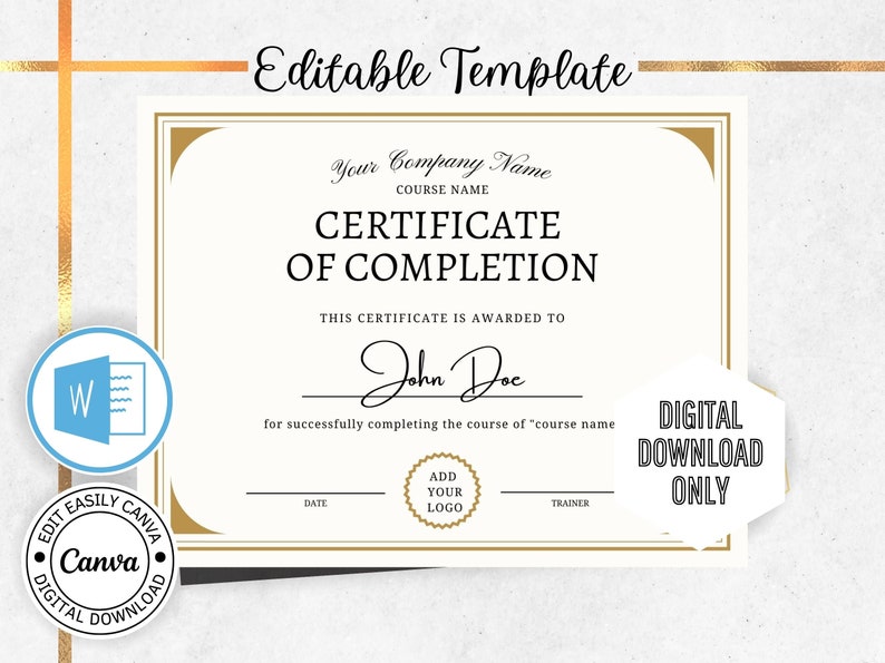 Editable Certificate of Completion Template. Award Template. - Etsy