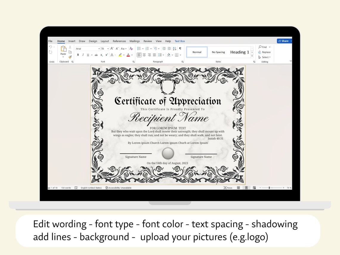 Editable Certificate of Appreciation Template. Award Template. - Etsy