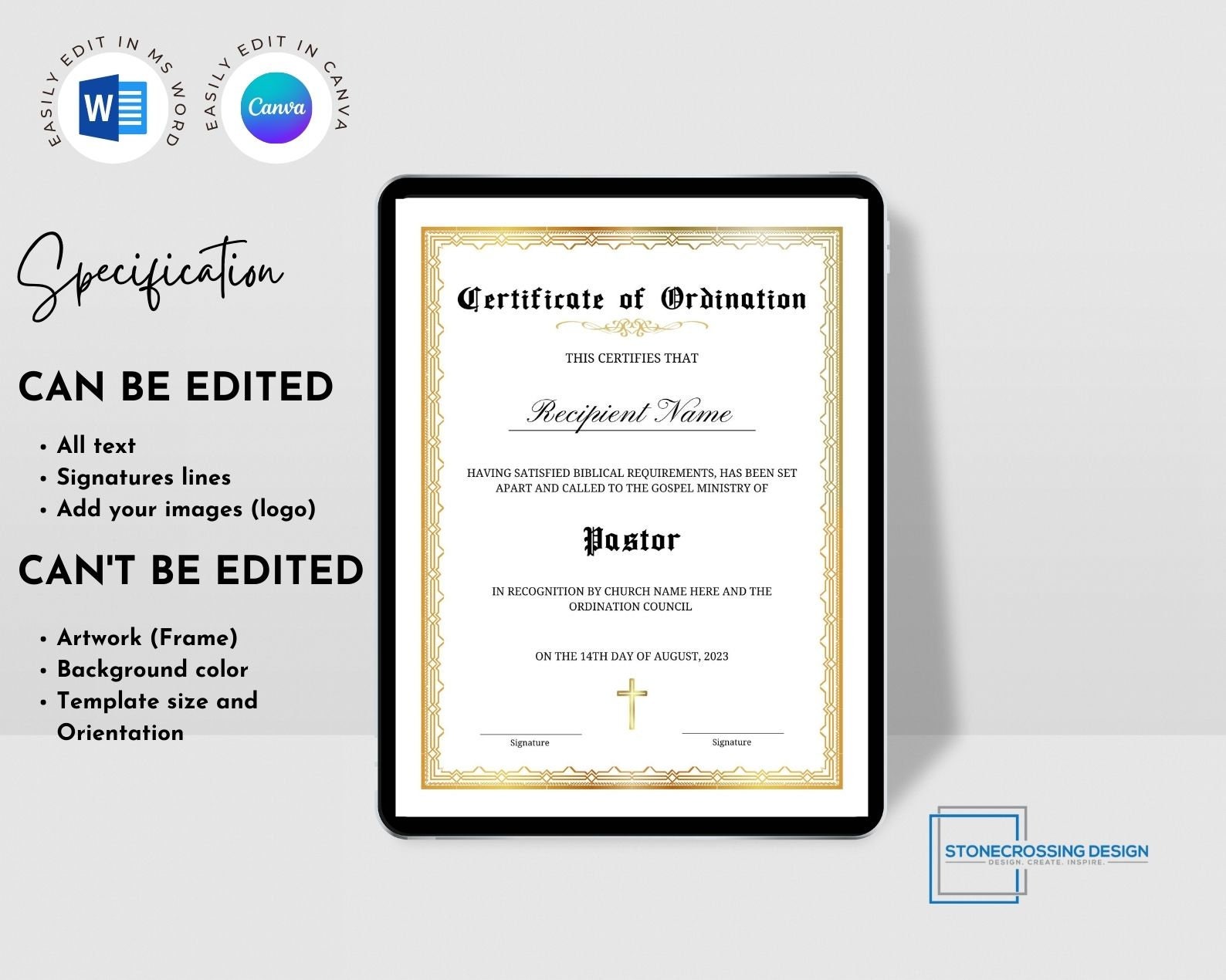 Editable Certificate of Ordination Template. Ordained - Etsy