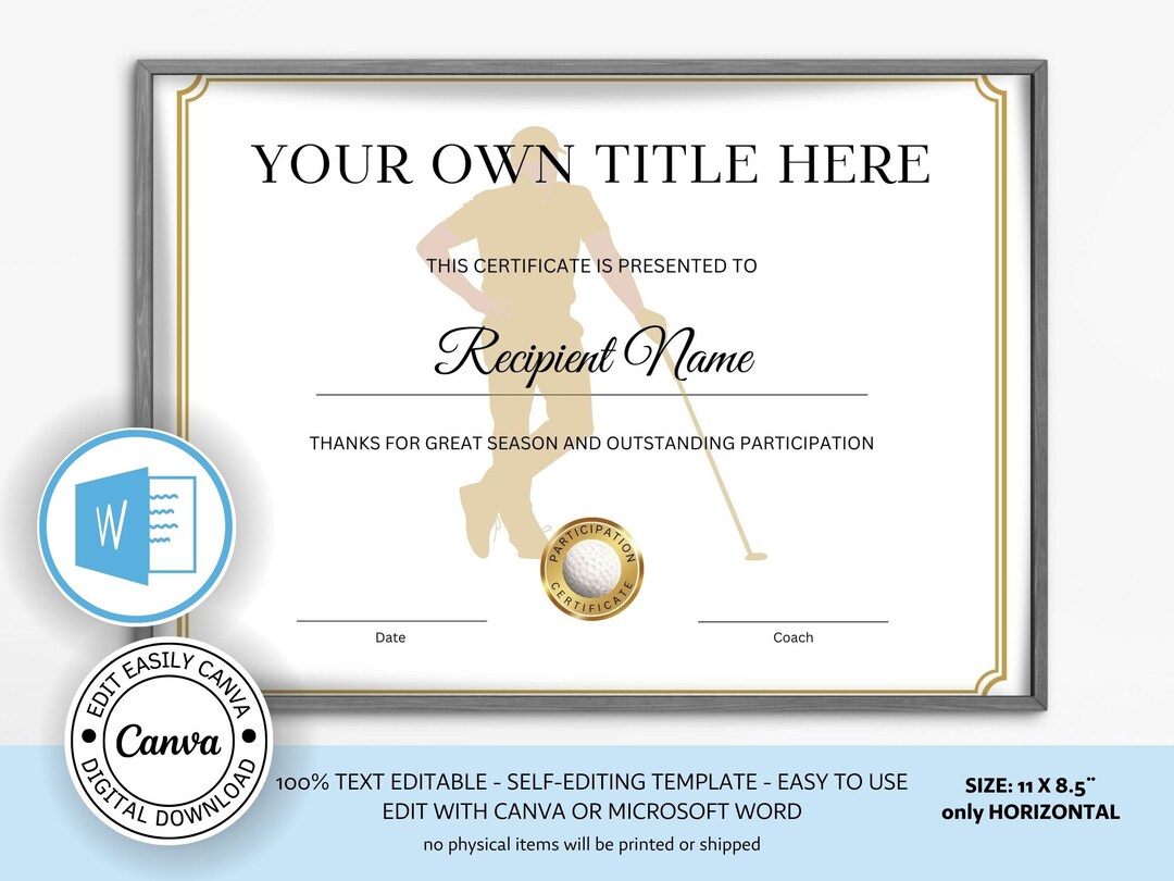Editable Golf Sports Certificate. Recognizing Sporting - Etsy