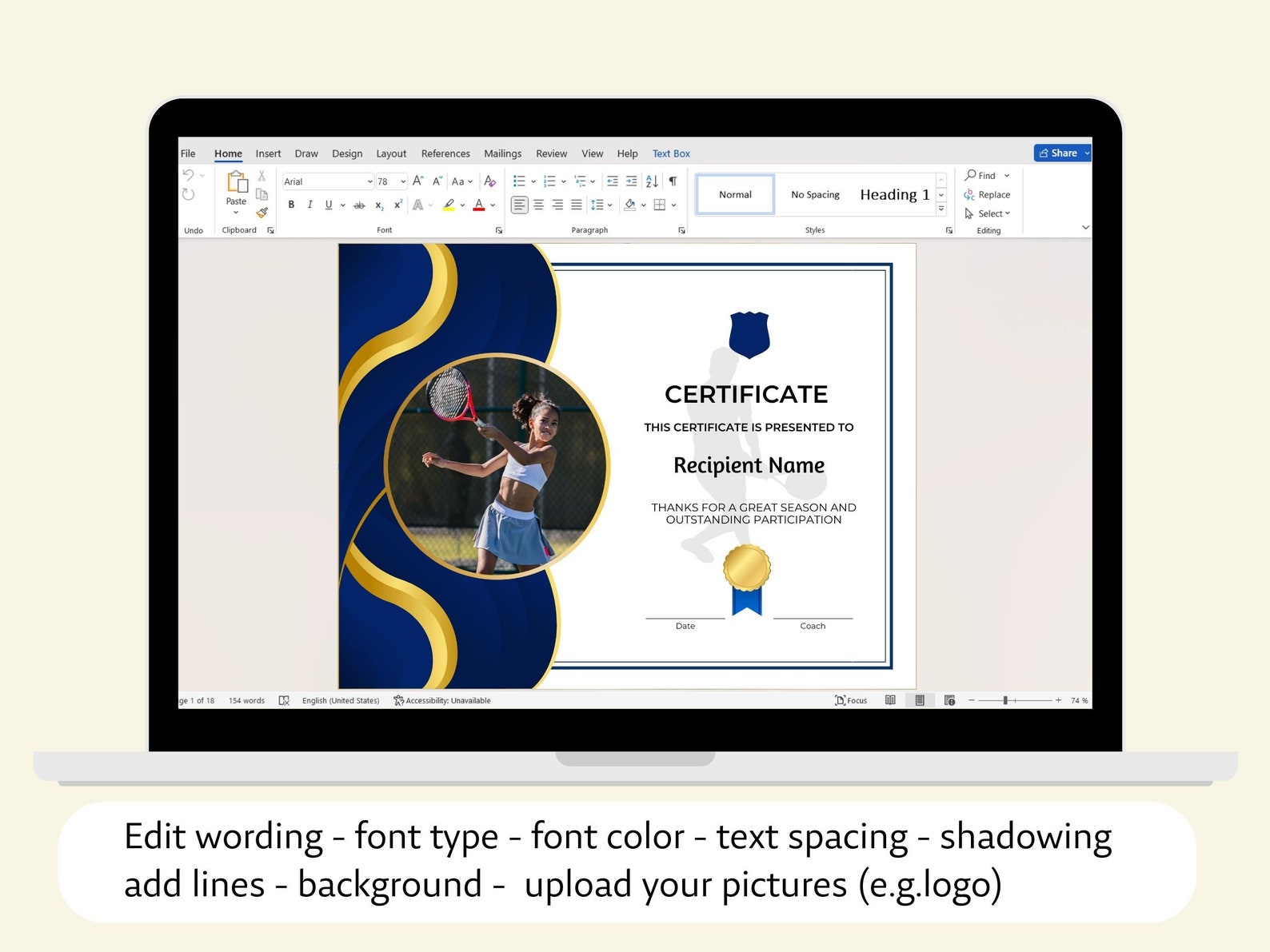 Editable Tennis Sports Certificate Template With Photo. Award. - Etsy