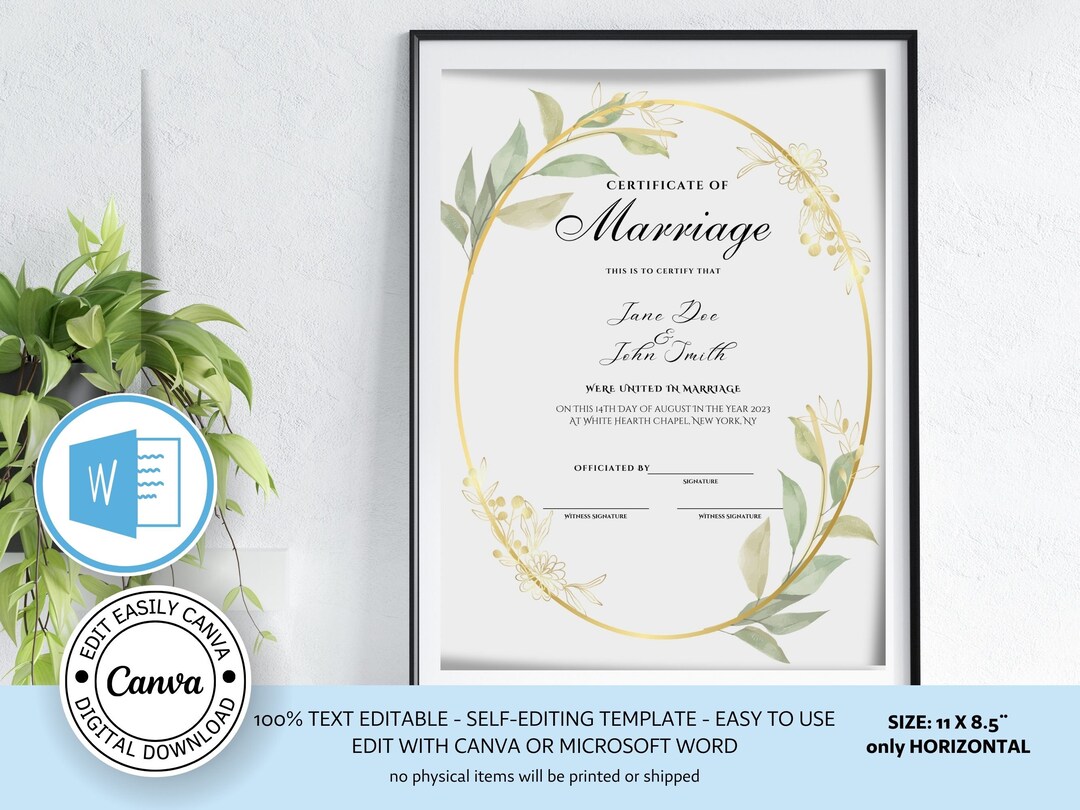 Editable Certificate of Marriage Template. Marriage License. - Etsy