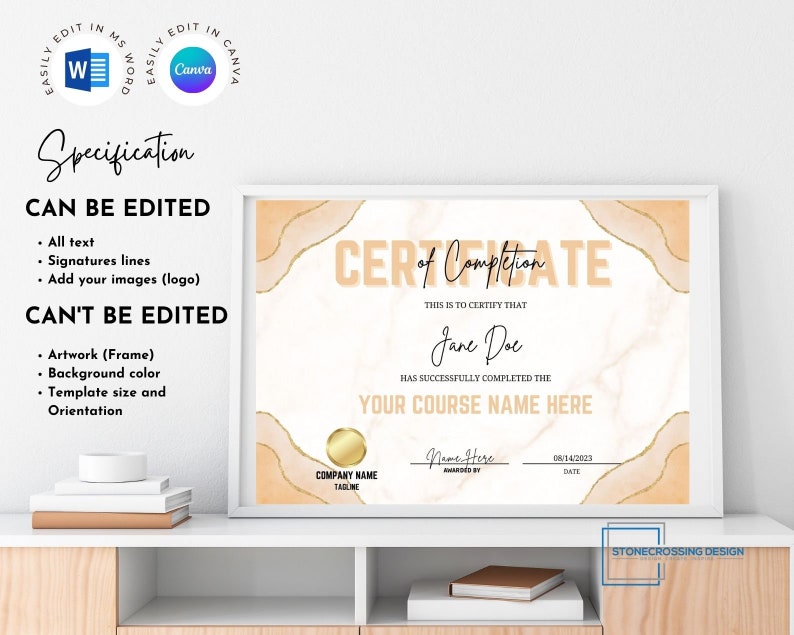 Editable Certificate of Completion Template. Award Template. - Etsy
