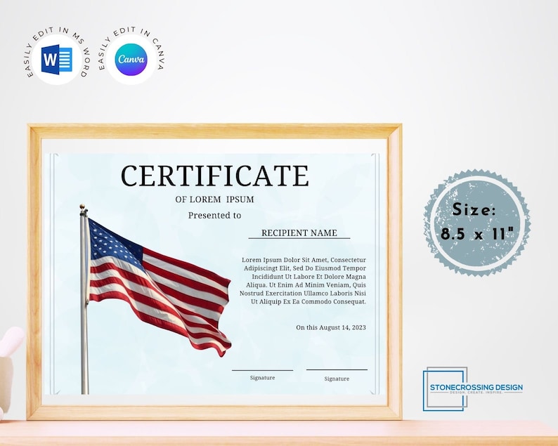 Editable American Flag Template. Award Template. Printable Certificate ...