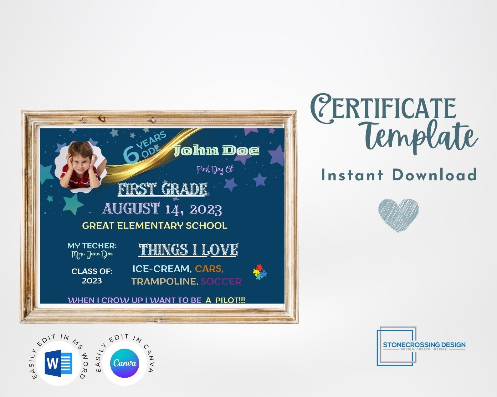 Editable First Day of School Template. School Certificate. Printable ...