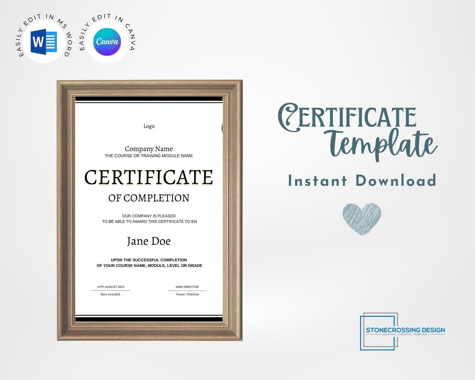 Editable Certificate of Completion Template. Award Template. Printable ...