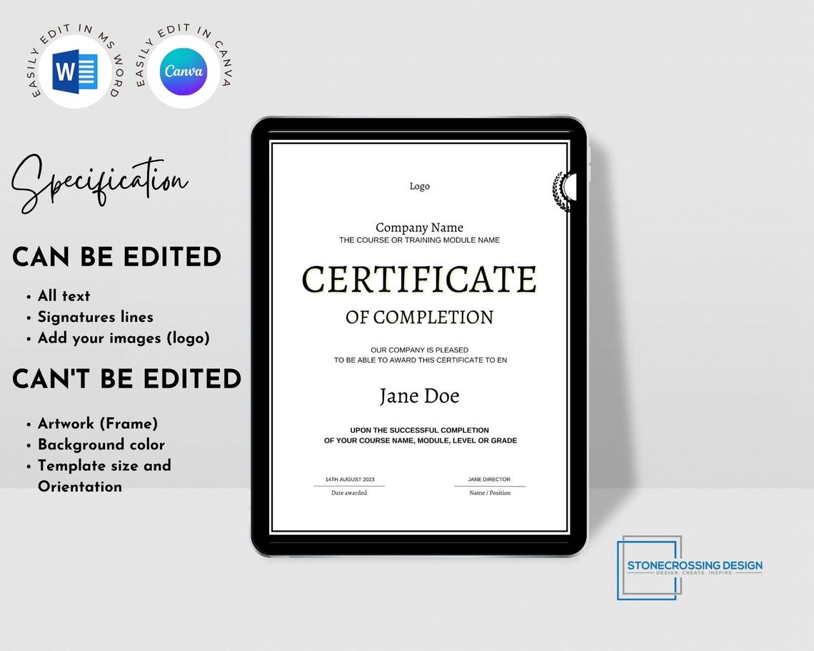 Editable Certificate of Completion Template. Award Template. - Etsy