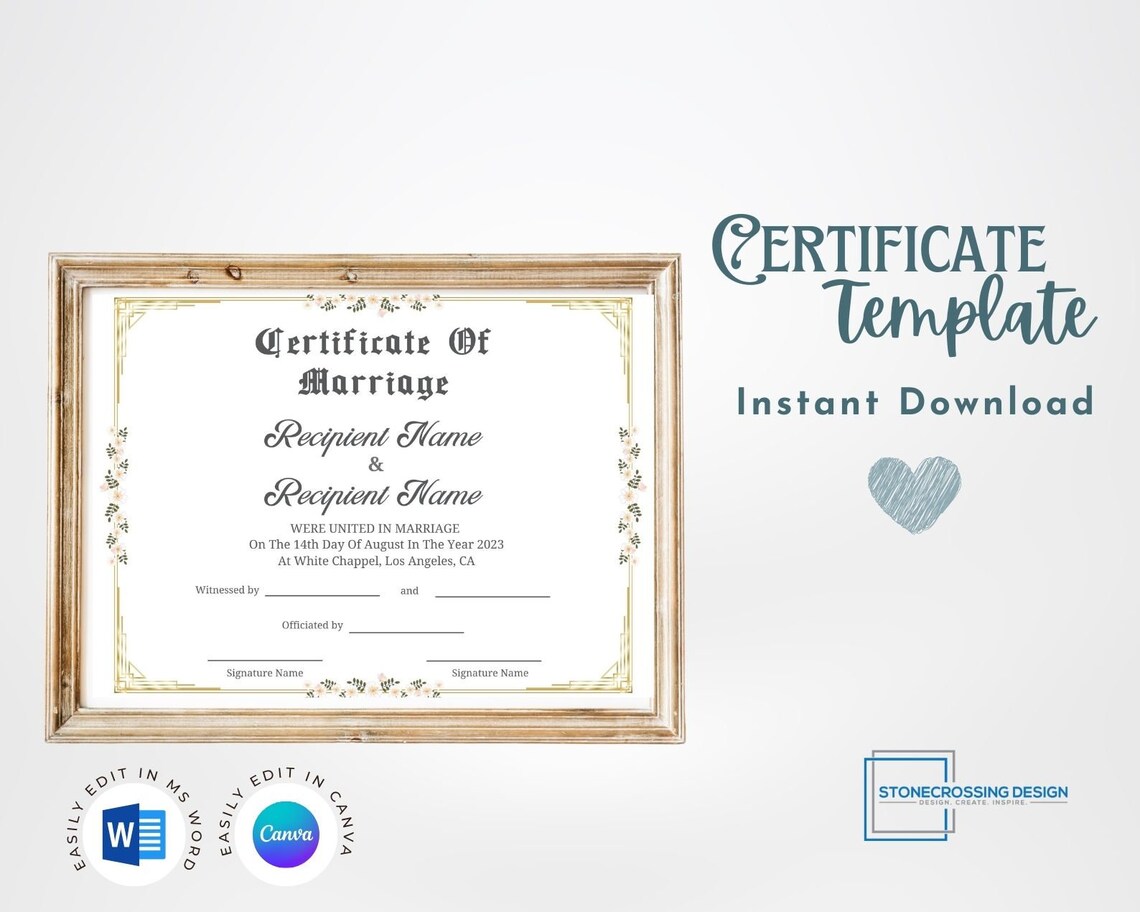 Editable Certificate of Marriage Template. Marriage License. Printable ...