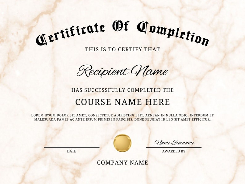 Editable Certificate of Completion Template. Award Template. - Etsy