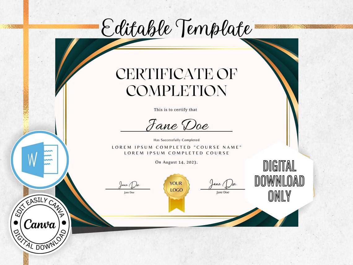 Editable Certificate of Completion Template. Award Template. - Etsy