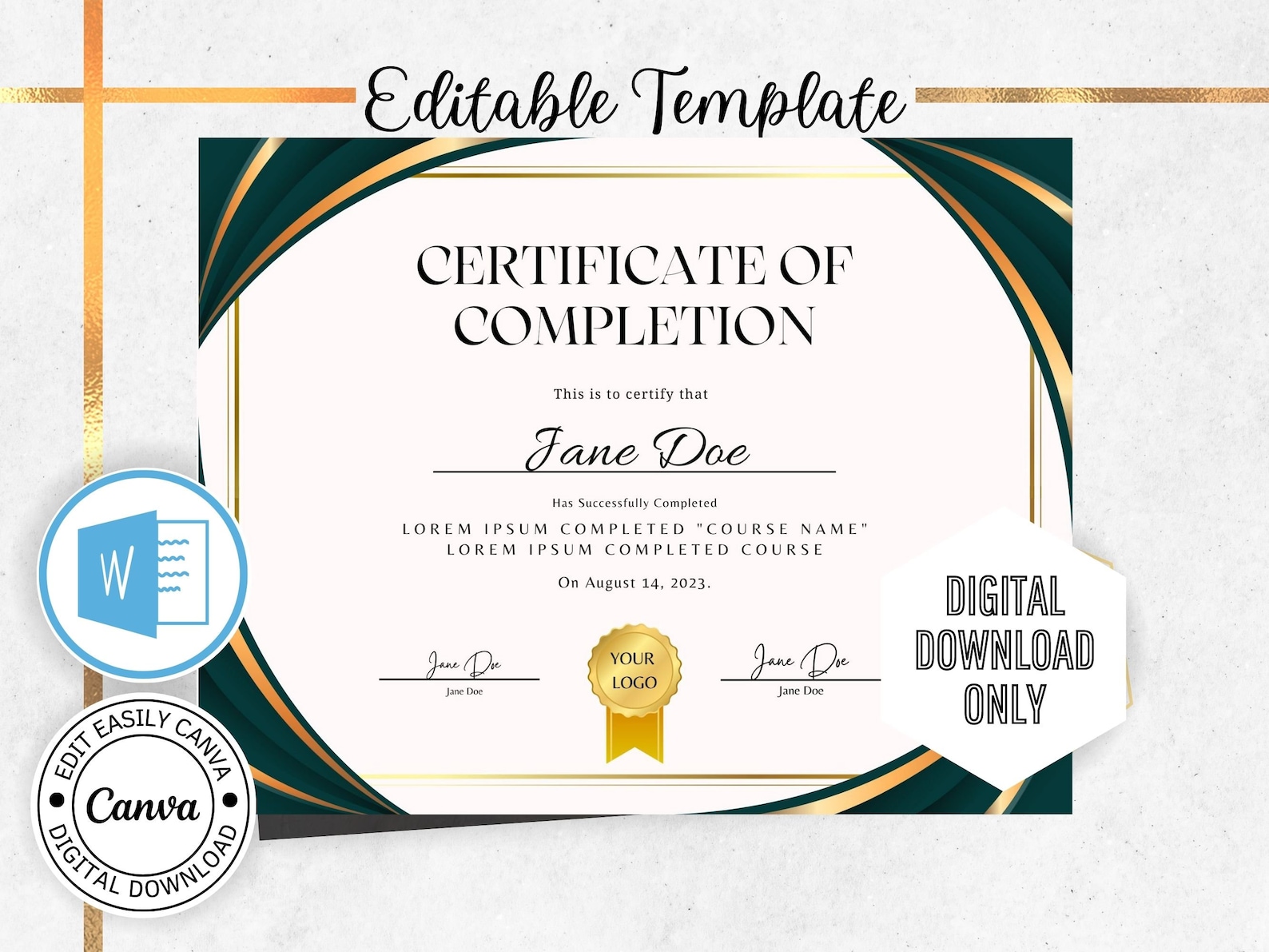 Editable Certificate of Completion Template. Award Template. - Etsy