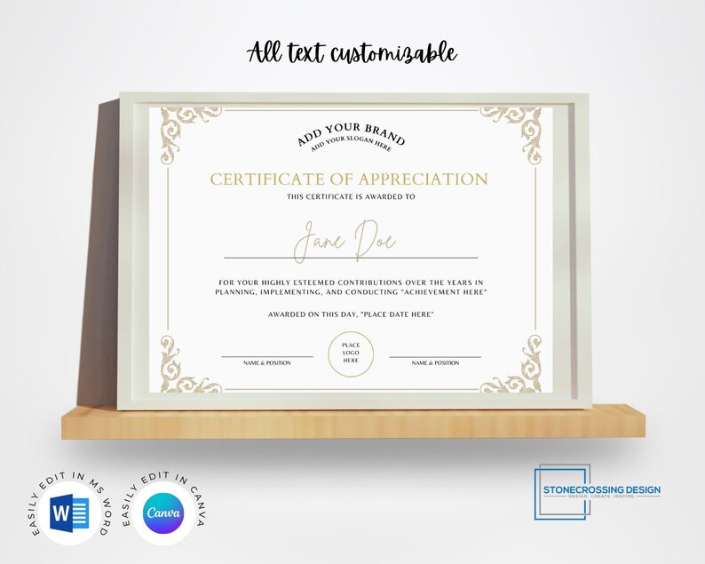 Editable Certificate of Appreciation. Award Template. Printable ...