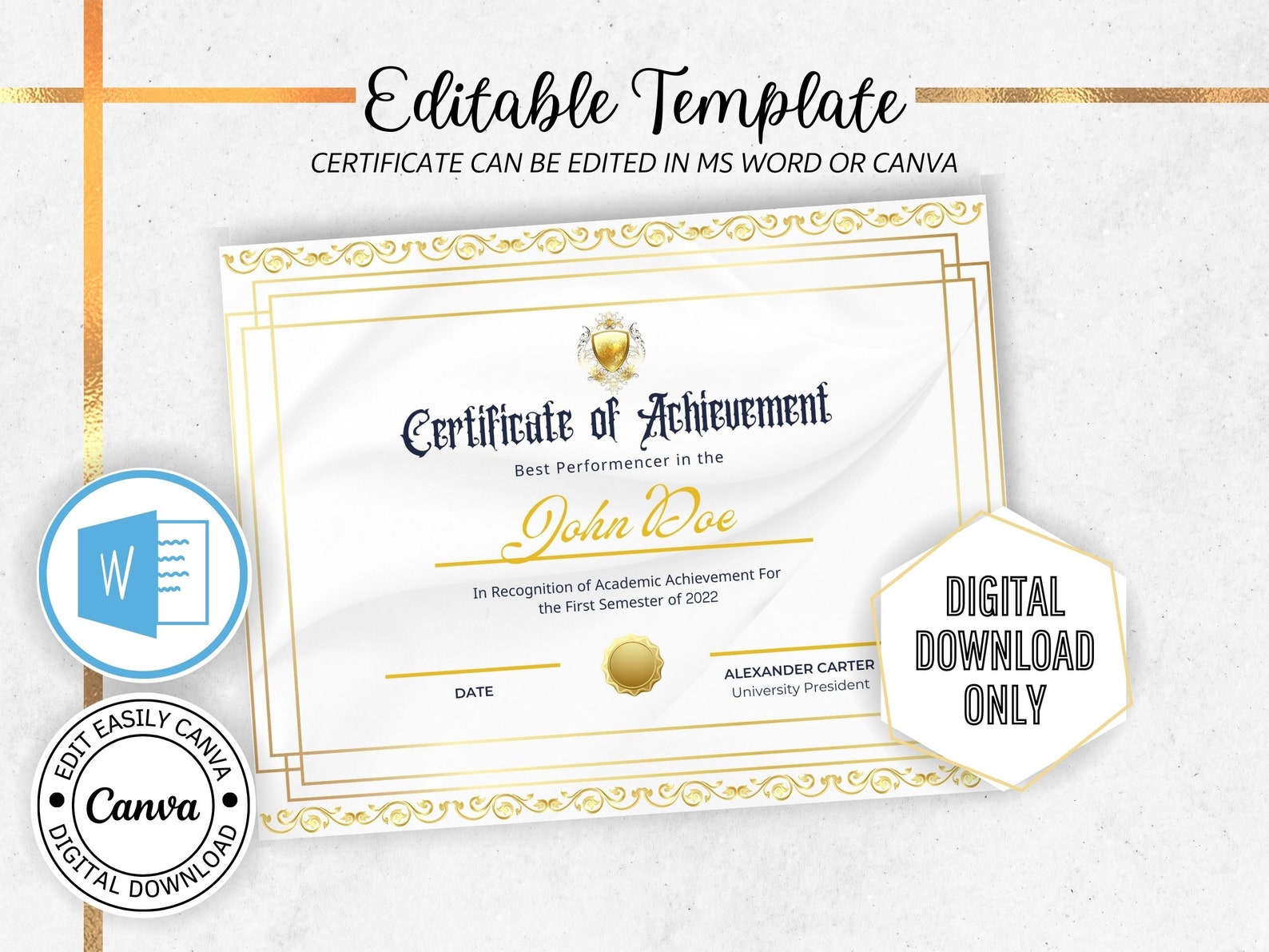 Editable Certificate of Achievement Template. Award Template. - Etsy