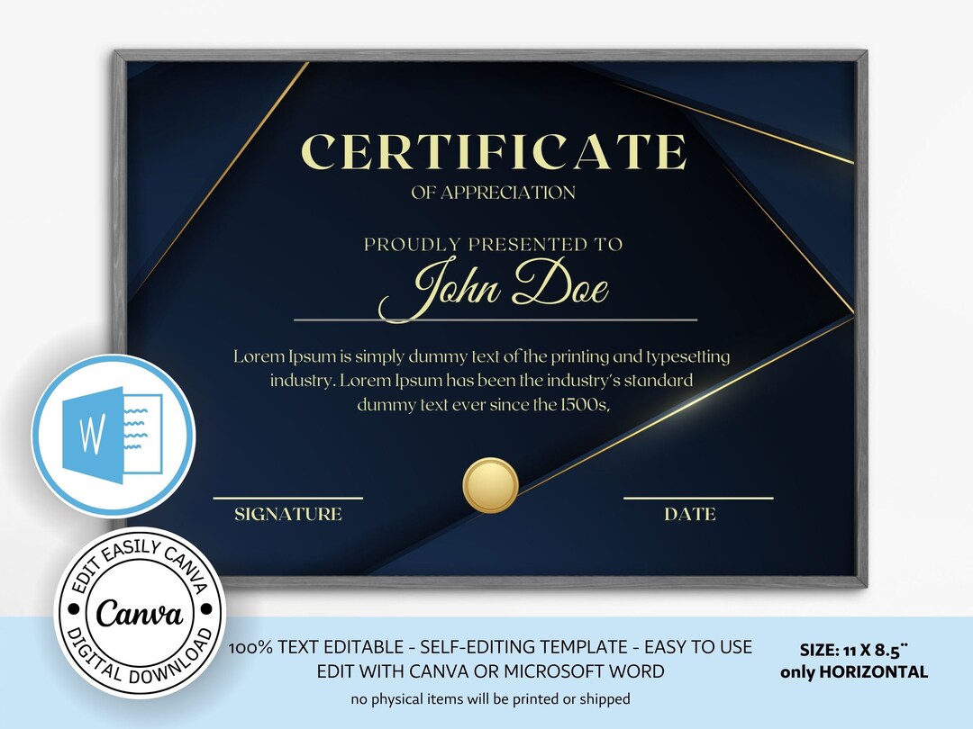 Editable Certificate of Achievement Template. Award Template. - Etsy