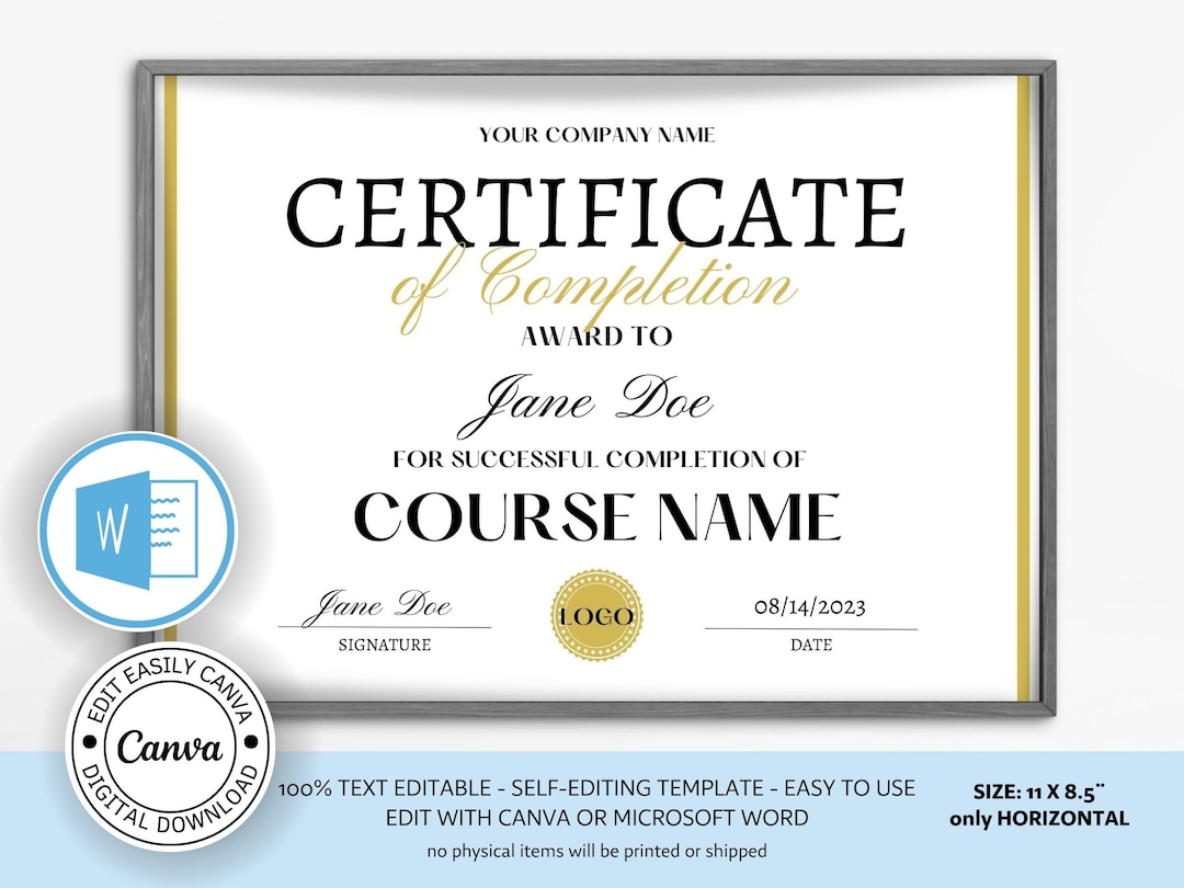 Editable Certificate of Completion Template. Award Template. - Etsy