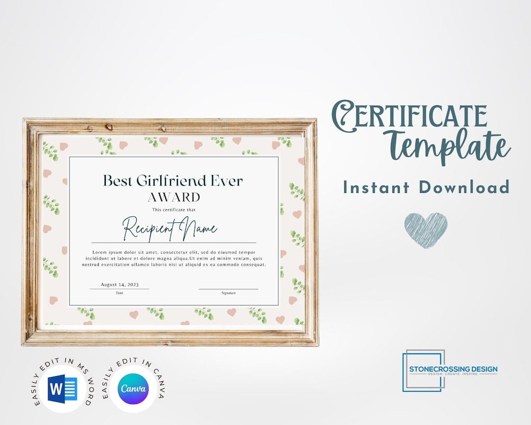 Editable Certificate of Best Girlfriend. Celebrate Your Amazing Partner ...