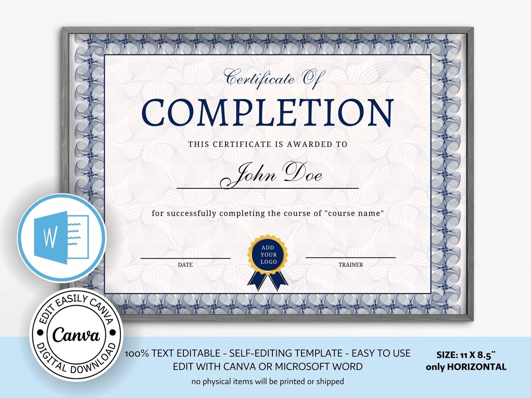Editable Certificate of Completion Template. Award Template. - Etsy