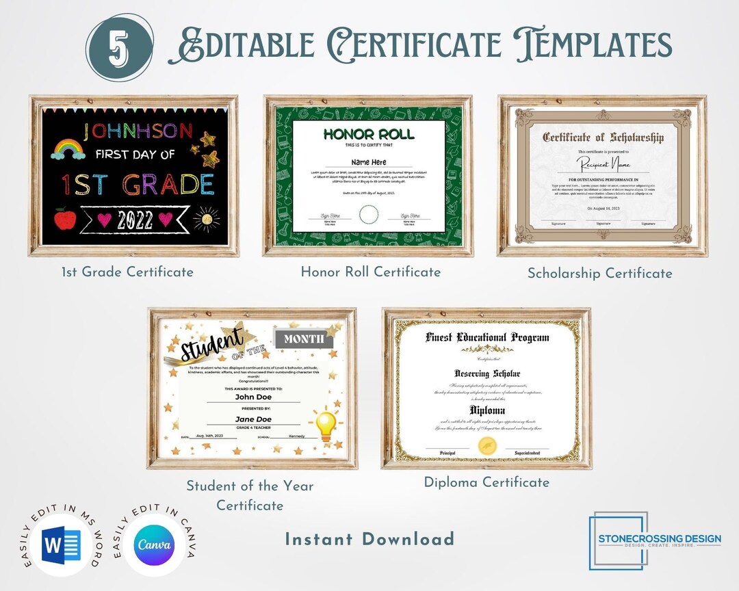Editable Academic Excellence Bundle Certificates: 1st Grade, Honor Roll ...