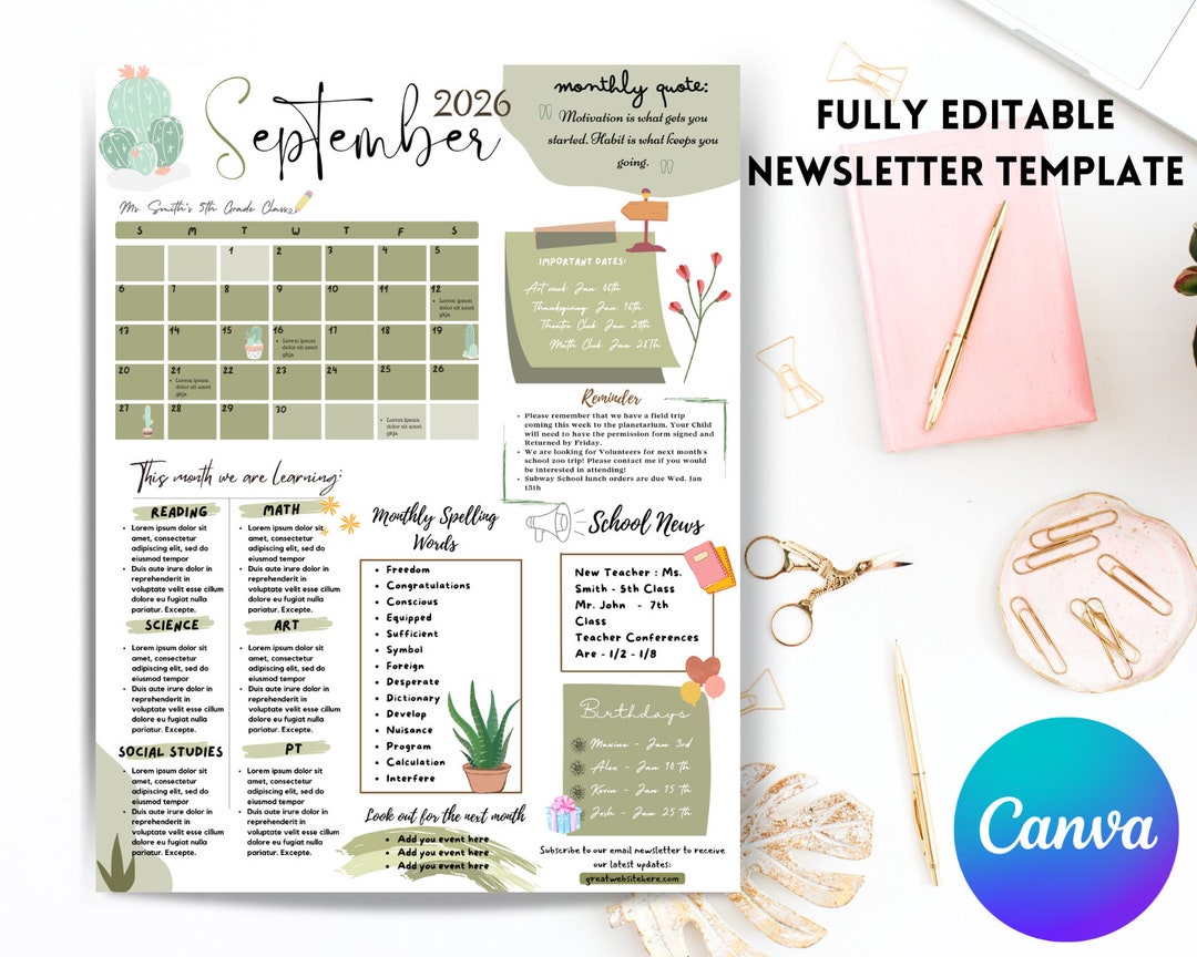 September 2026 Newsletter Template | Editable Monthly Newsletter ...