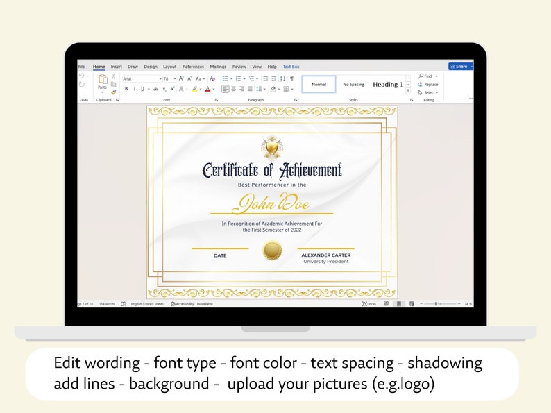 Editable Certificate of Achievement Template. Award Template. - Etsy