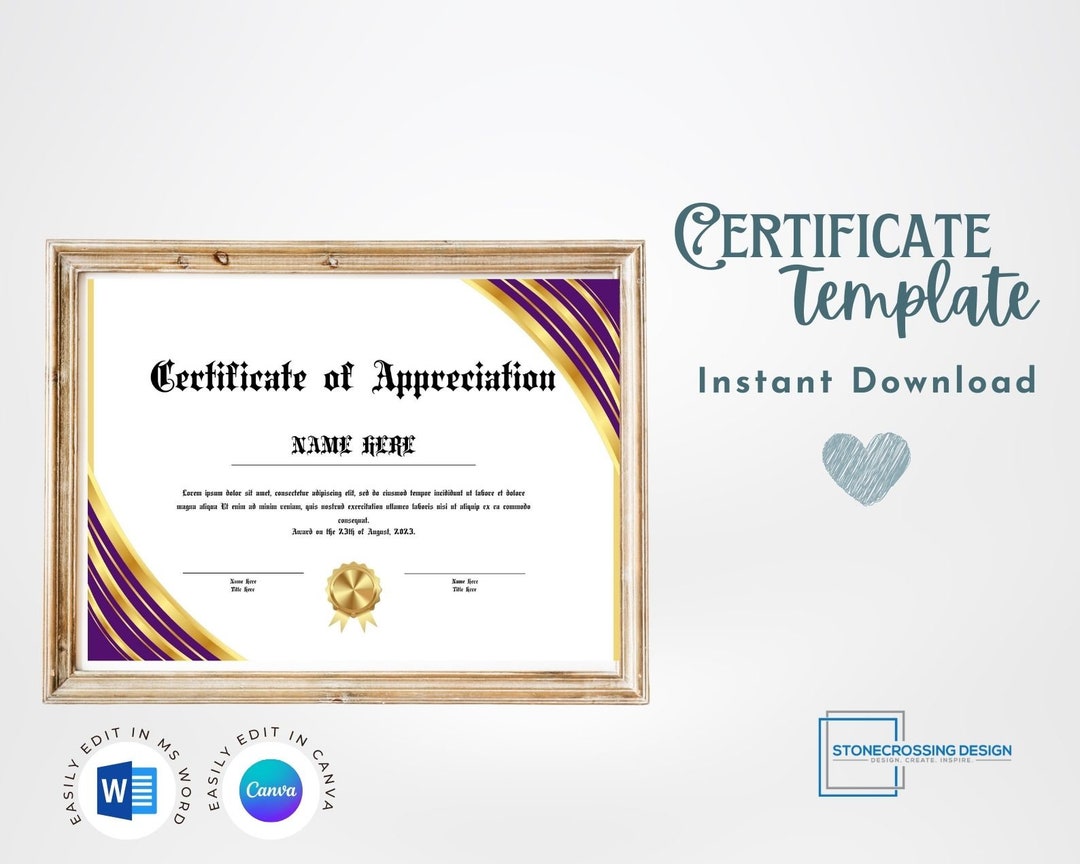 Editable Certificate of Appreciation. Award Template. Printable ...